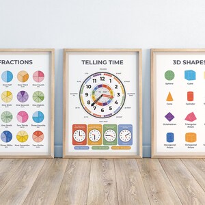 Telling Time, 3D Shapes, Fractions | A3 Educational Posters for ...