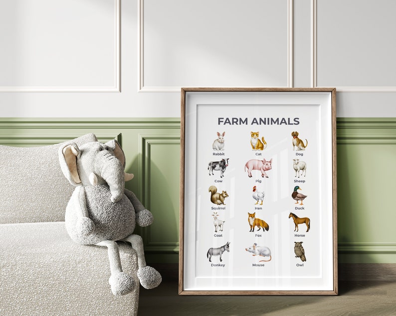 Farm Animals Poster, Learning Chart, Educational Nursery Wall Art ...