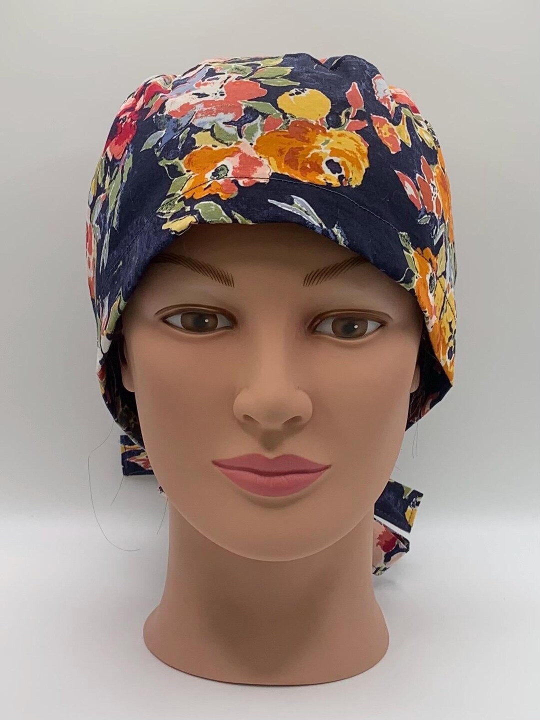 Euro or Bouffant Scrub Hat-bright Floral on Navy Cotton-usa Made-scrub ...