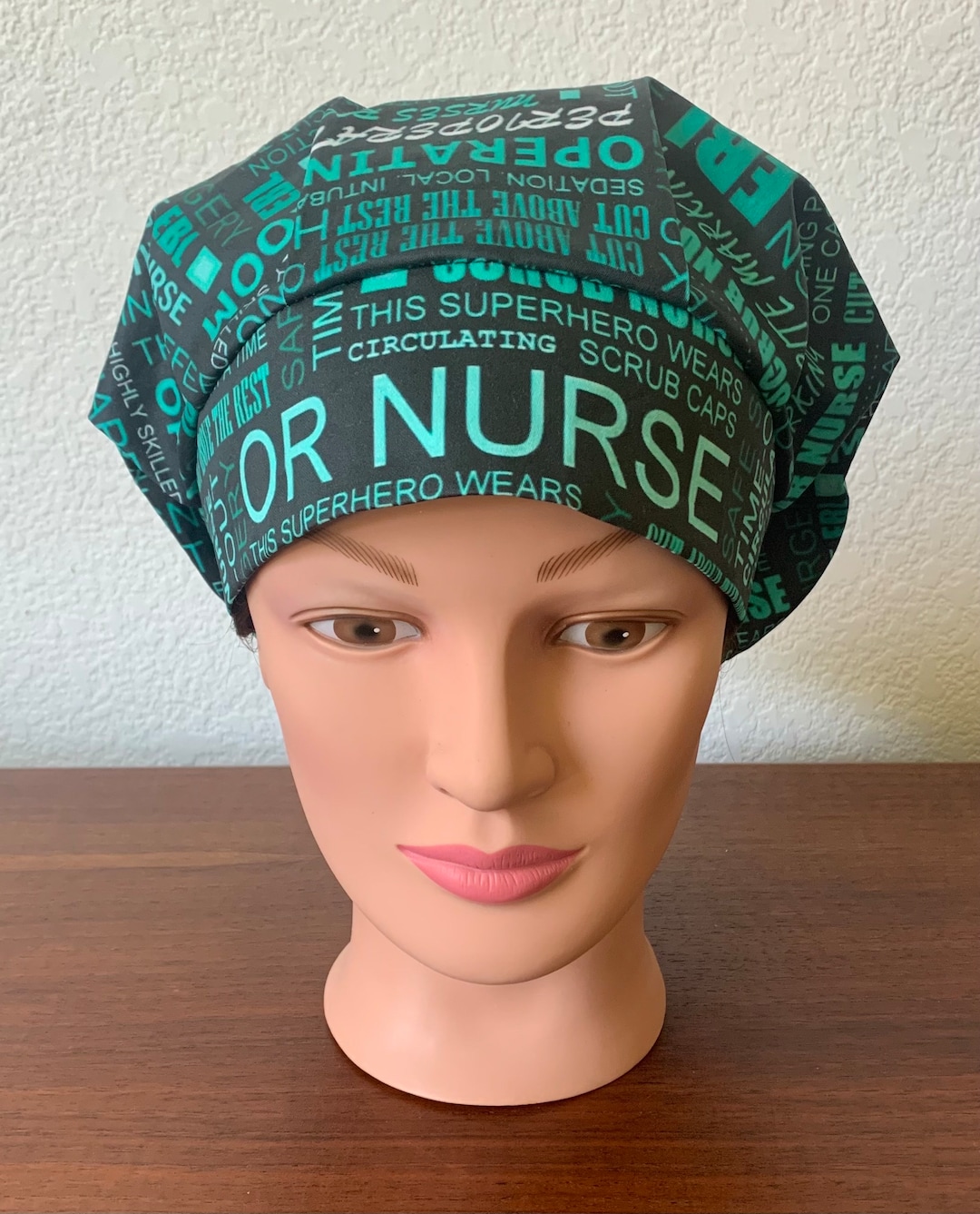 Bouffant or Euro Scrub Cap Made From Teal on Black Operating Room Nurse ...