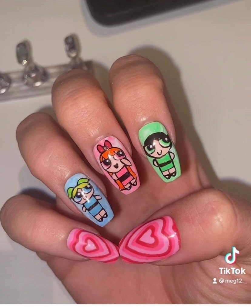 Power Puff Girls Hand Painted Press on Nails//made to Order - Etsy