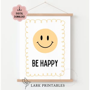 Be Happy Printable Poster, Kids Wall Art, Yellow Playroom Decor, Smiley ...