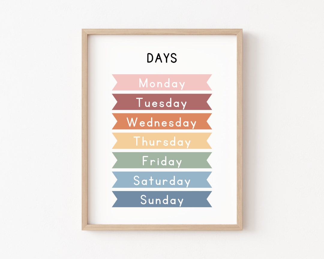 Days of the Week Poster, Educational Wall Art, Kindergarten Preschool ...