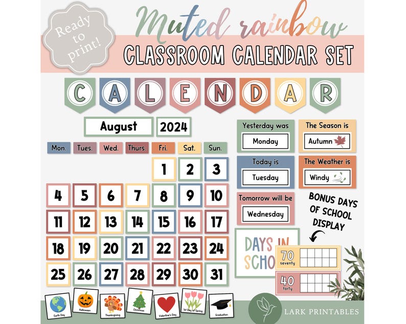 Classroom Calendar Set Printable, Pocket Chart Calendar Cards, Calendar ...