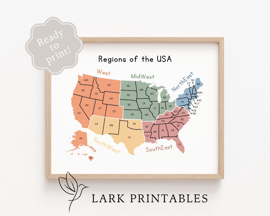Regions of the USA Map Classroom Wall Decor Educational Poster ...