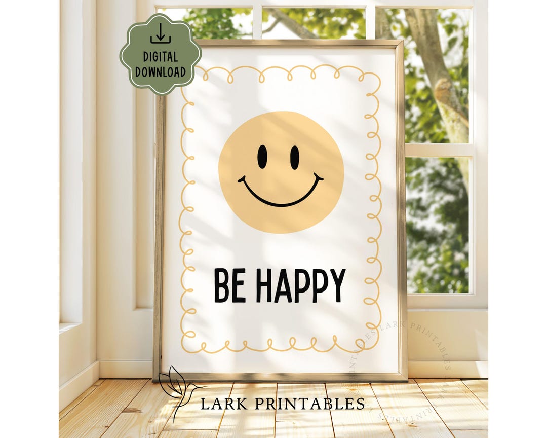 Be Happy Printable Poster, Kids Wall Art, Yellow Playroom Decor, Smiley ...