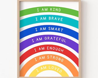 Rainbow Affirmations Wall Art, Affirmations for Kids, I Am Kind Loved ...