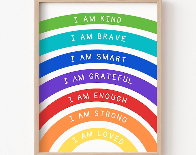 Rainbow Affirmations Wall Art, Affirmations for Kids, I Am Kind Loved ...