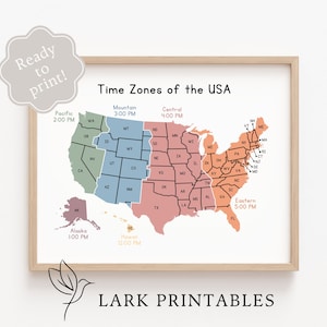 Time Zones of the USA Map Educational Poster Printable Geography ...