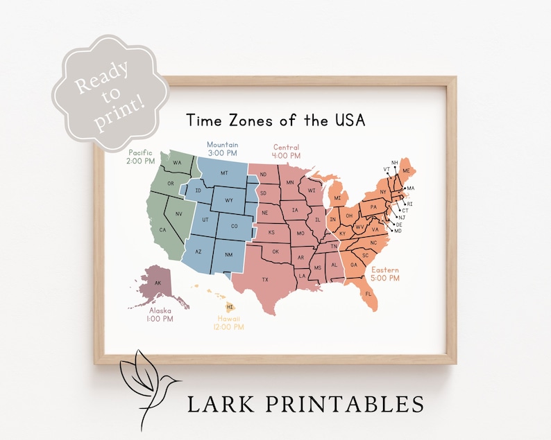Time Zones of the USA Map Educational Poster Printable Geography ...