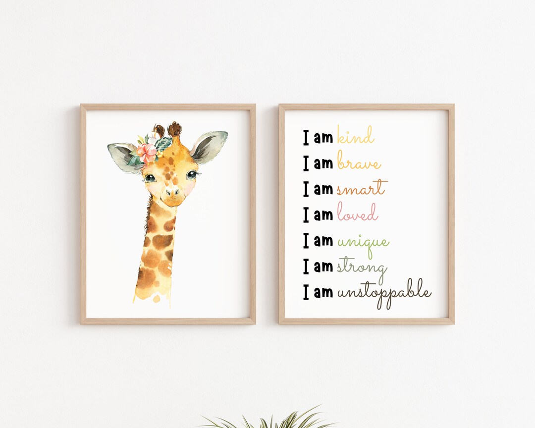 Safari Nursery Decor Printable Set of 2, Kid Affirmations, Baby Giraffe ...