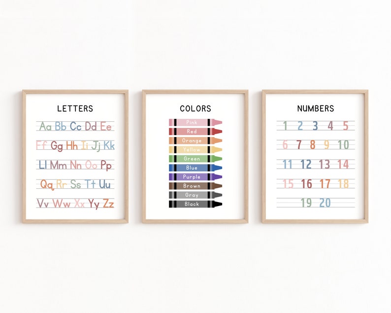 Set of 3 Educational Posters, Alphabet Chart, 123 Number Chart, Colors ...