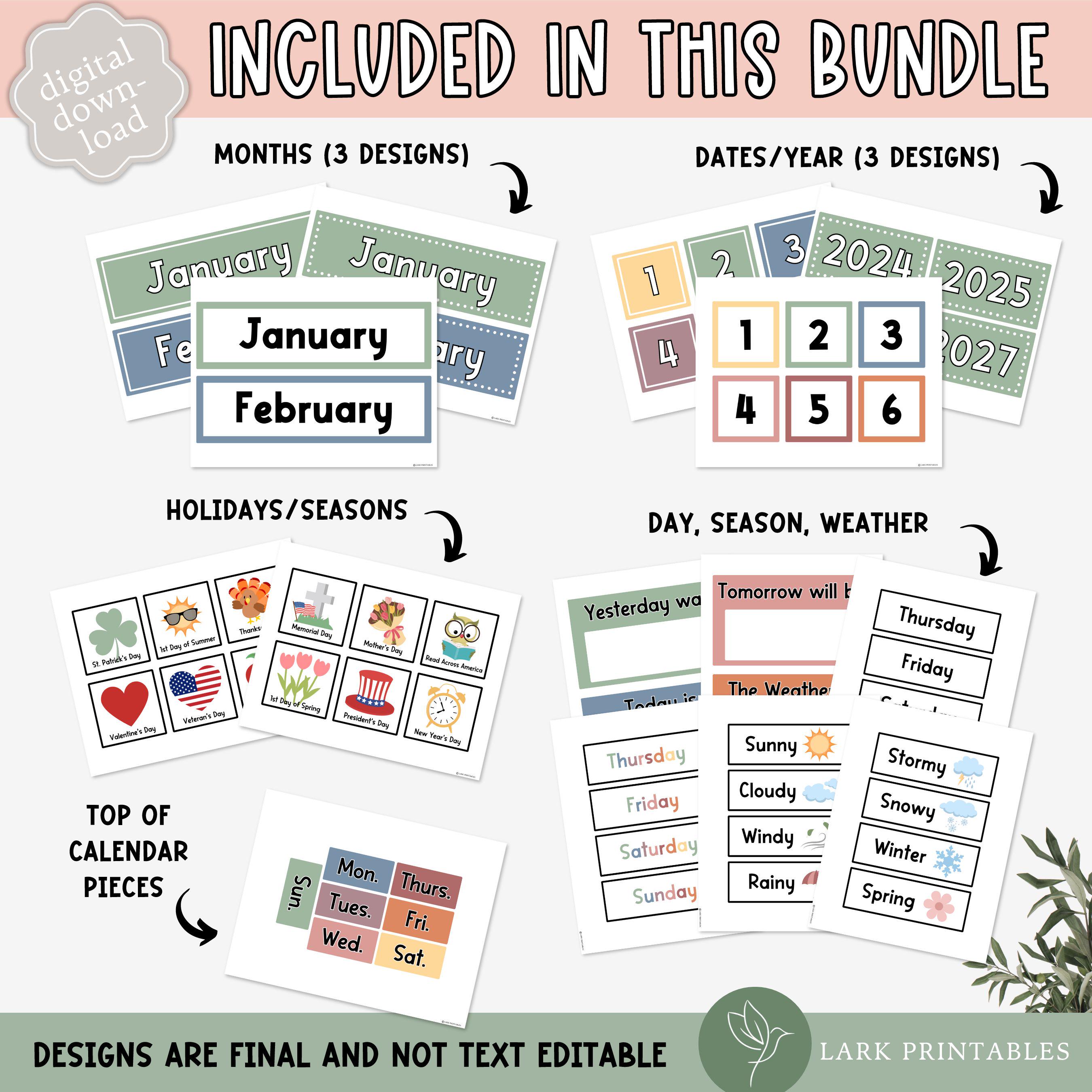 Classroom Calendar Set Printable, Pocket Chart Calendar Cards, Calendar ...