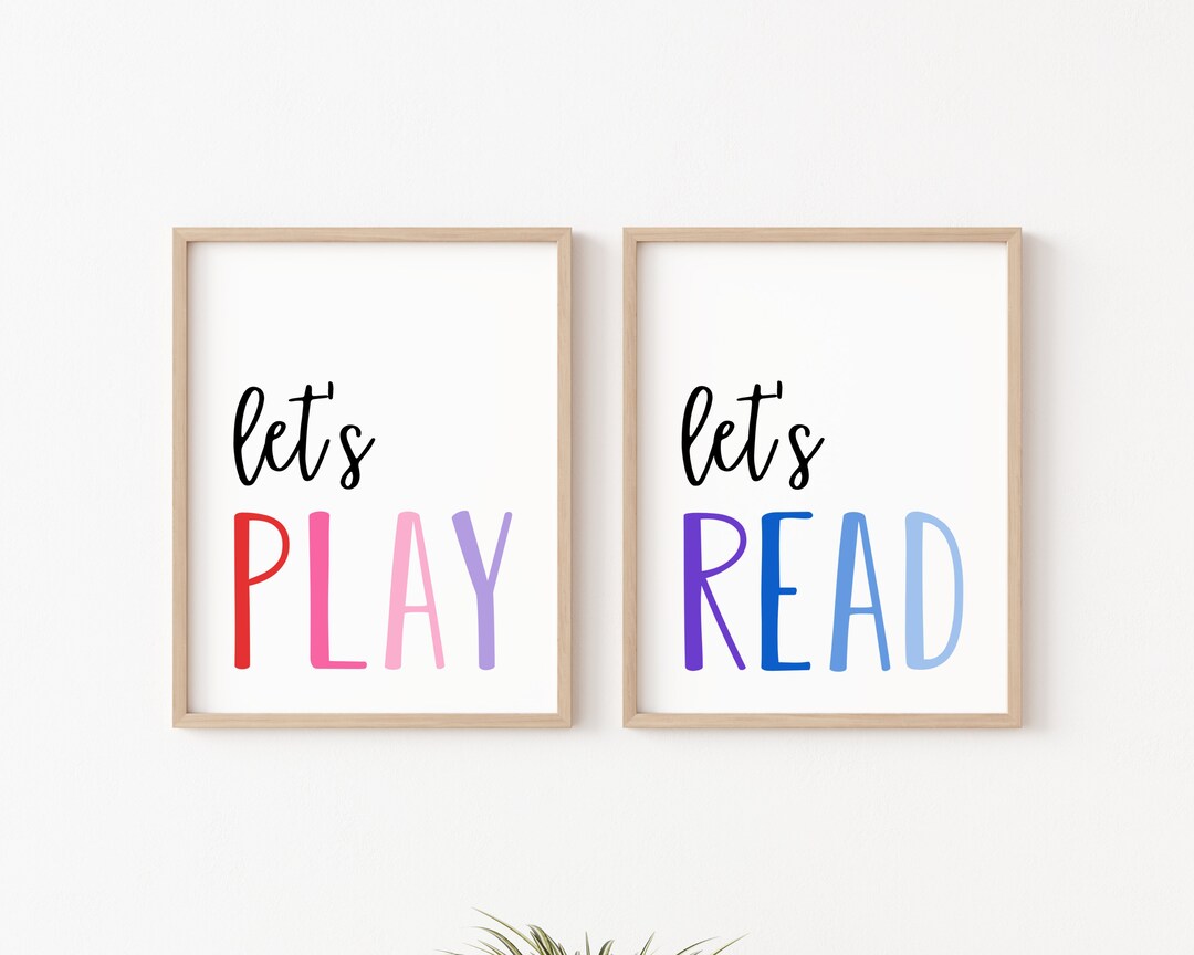 Let's Play Let's Read Set of 2, Red and Blue Kid Decor, Playroom Wall ...