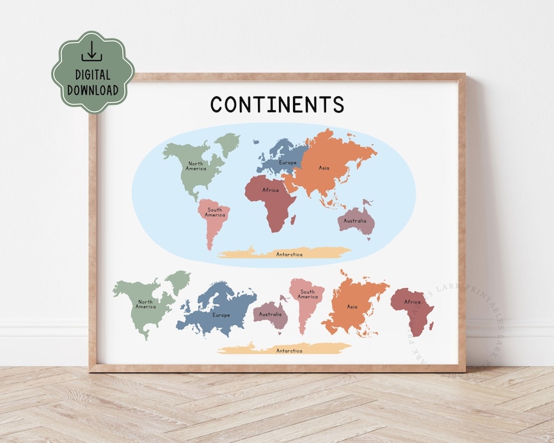 Continents Printable Poster for Kids, World Map Homeschool Poster ...