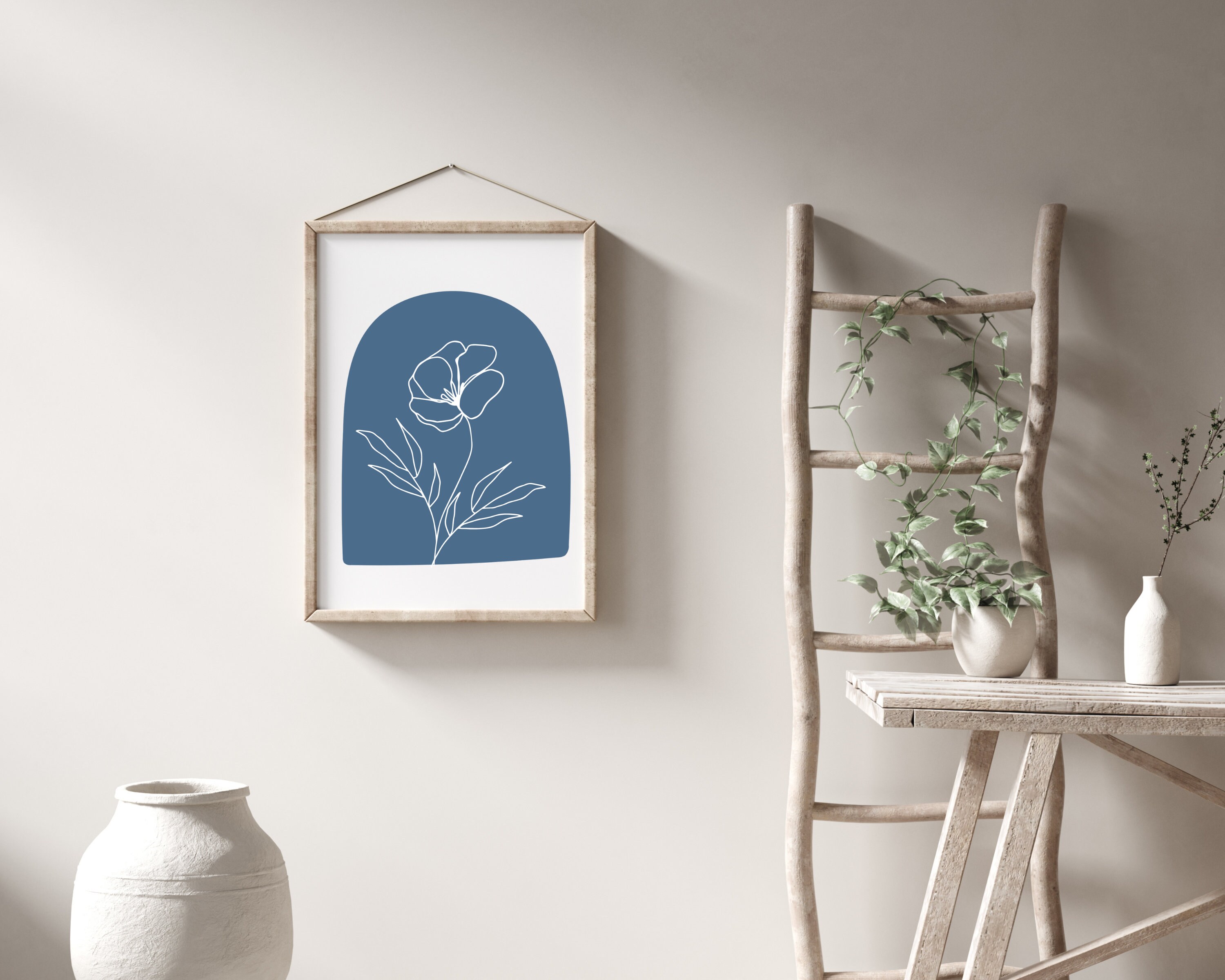 Blue Boho Wall Art, Botanical Line Art, Mid Century Modern Wall Art ...