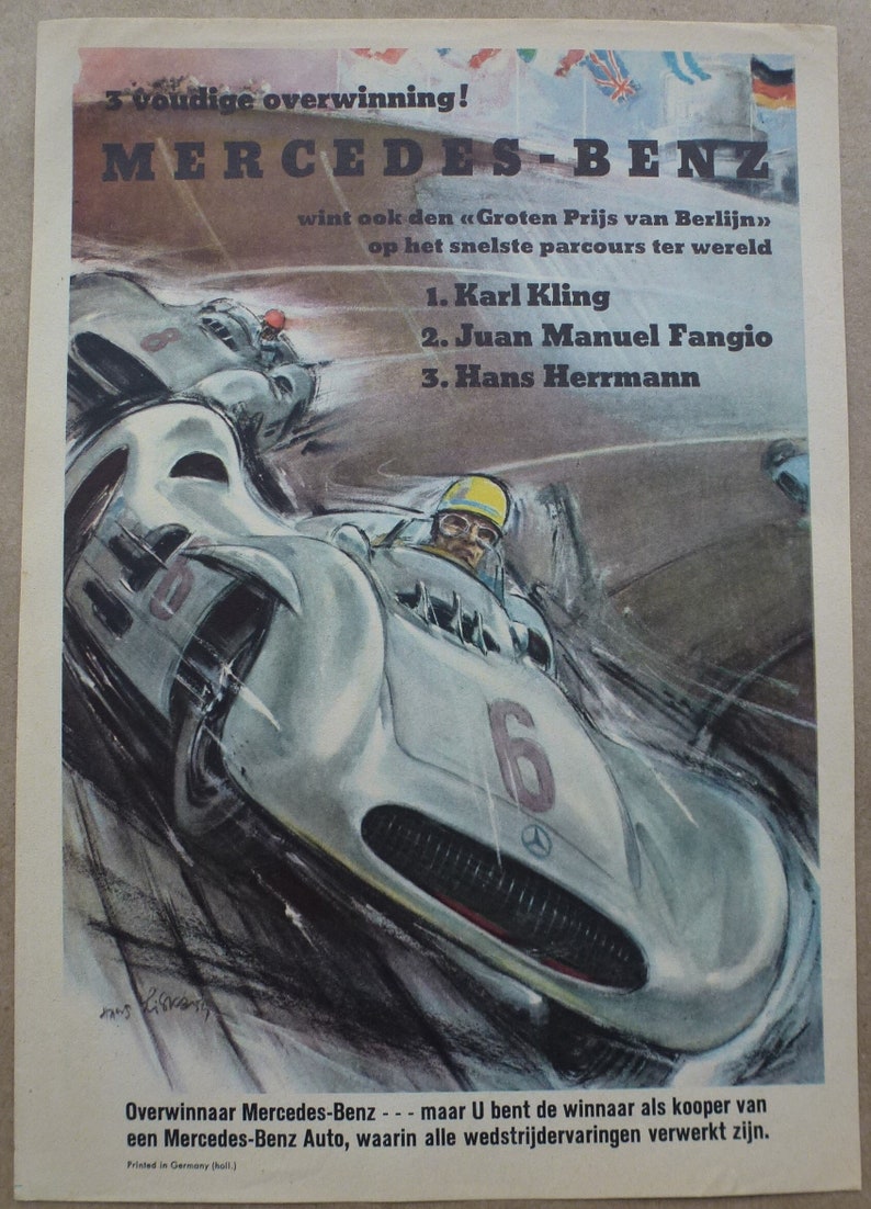 Poster Mercedes 1954 Original Victory Poster Berlin GP Kling Fangio by ...