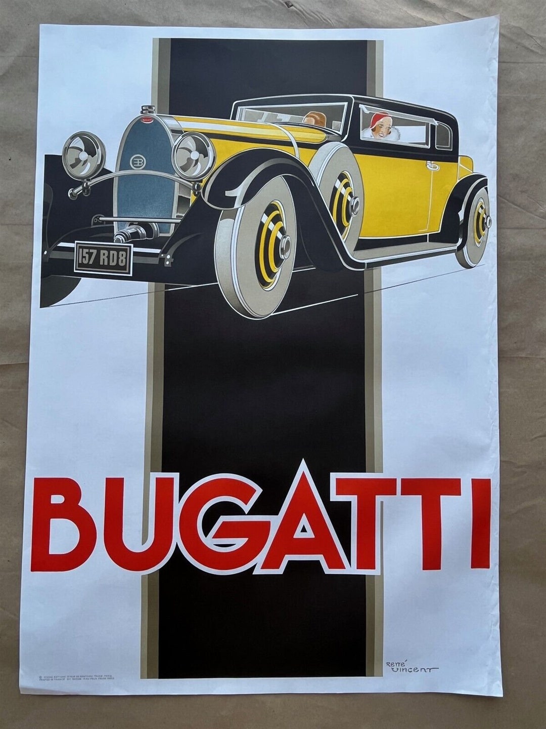 Print Bugatti T46 Poster Lithograph After Rene Vincent 1960's Studio ...