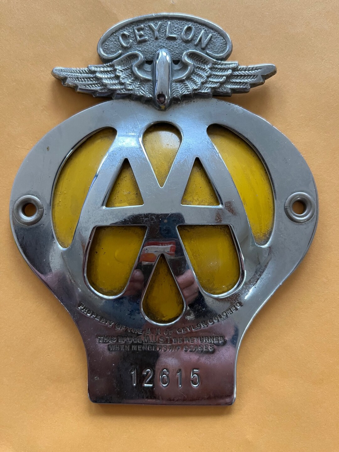 Badge Automobile Auto Car Club British AA Auto Association Ceylon Sri ...