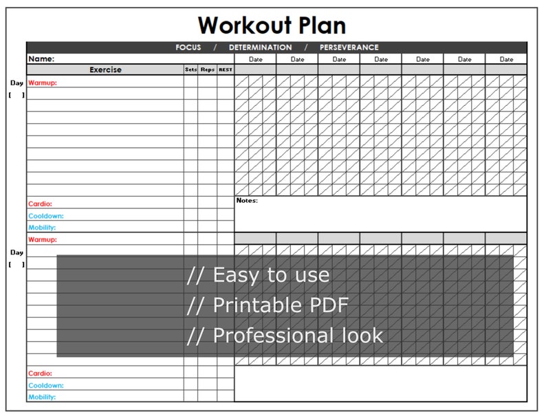 Workout Template | Printable PDF| Workout Log | Workout Planner ...