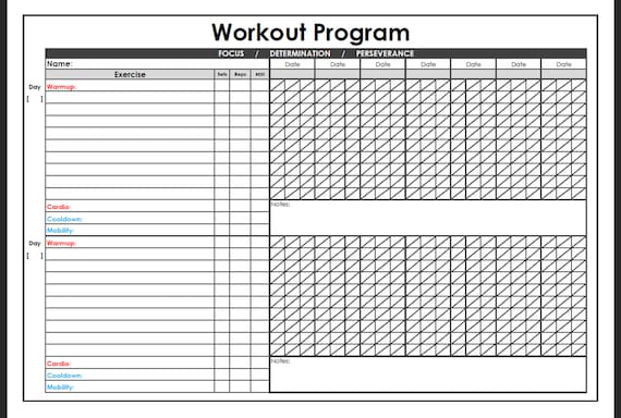 Workout Template Printable PDF Workout Log Workout | Etsy