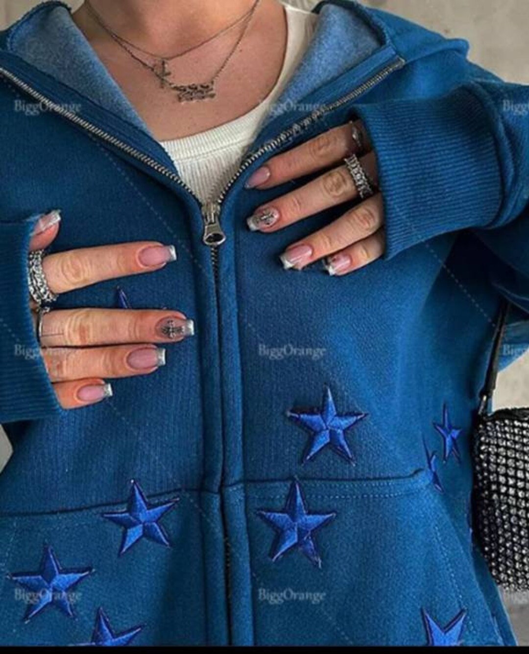 Y2k Hoodie Star Embroidery Zip Goth Punk Sweatshirt Navy Blue Hoodie ...