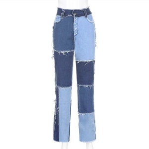 Brown Patchwork High Waist Straight Denim Pants Women Casual Skinny ...