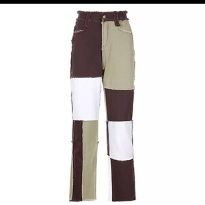 Brown Patchwork High Waist Straight Denim Pants Women Casual Skinny Ripped Jeans Capris Pocket ...