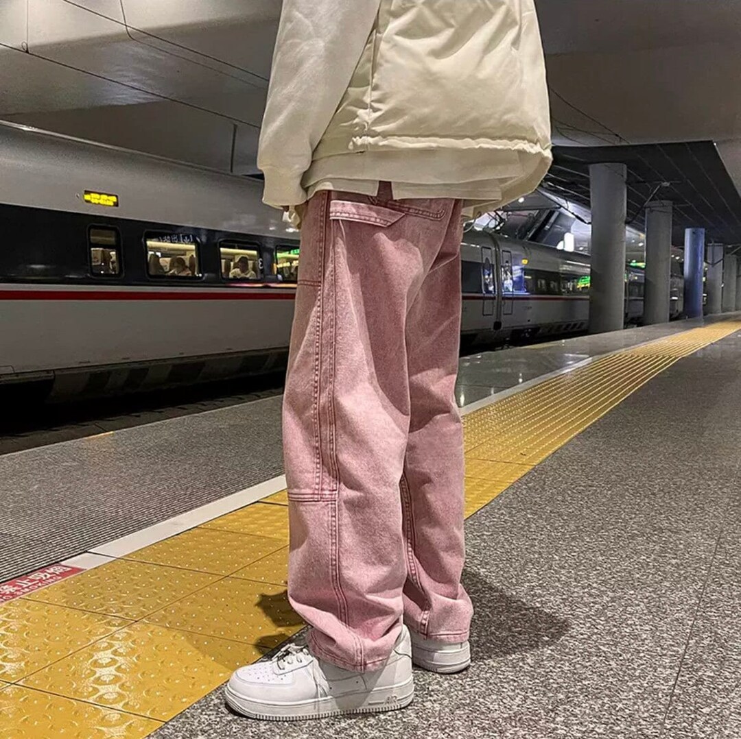 Solid Color Stitching Jeans Men's Fashion Blue Pink Black Loose ...