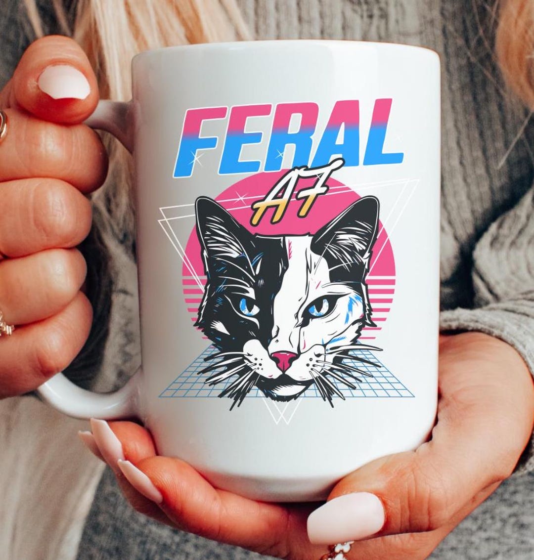 Feral AF Ceramic Mug 15oz, Funny Animal Mug, Cat Lover Gift, 80s Cat ...