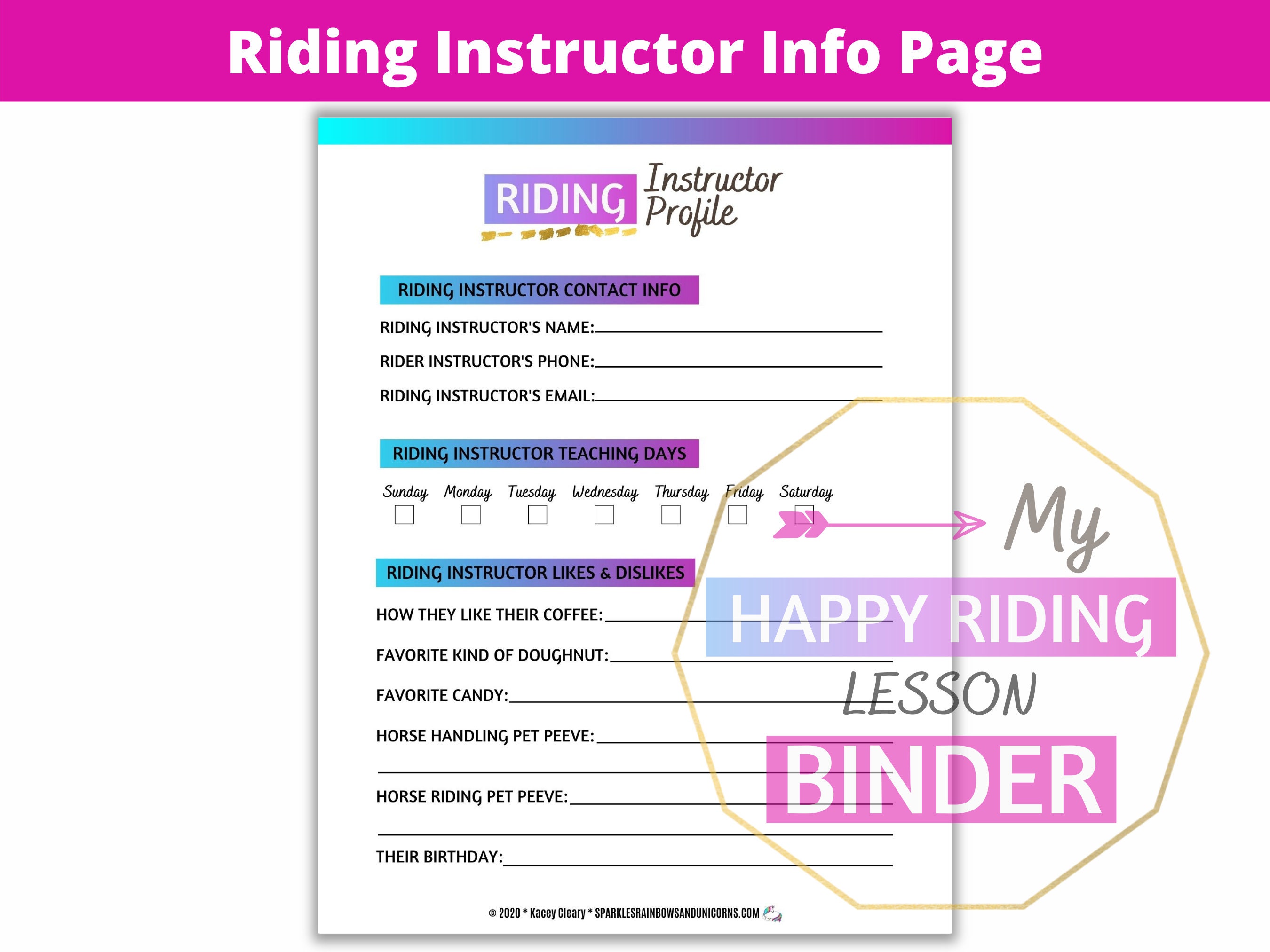 6 Printable Riding Lesson Info Pages | Horseback Riding Lesson Journal ...