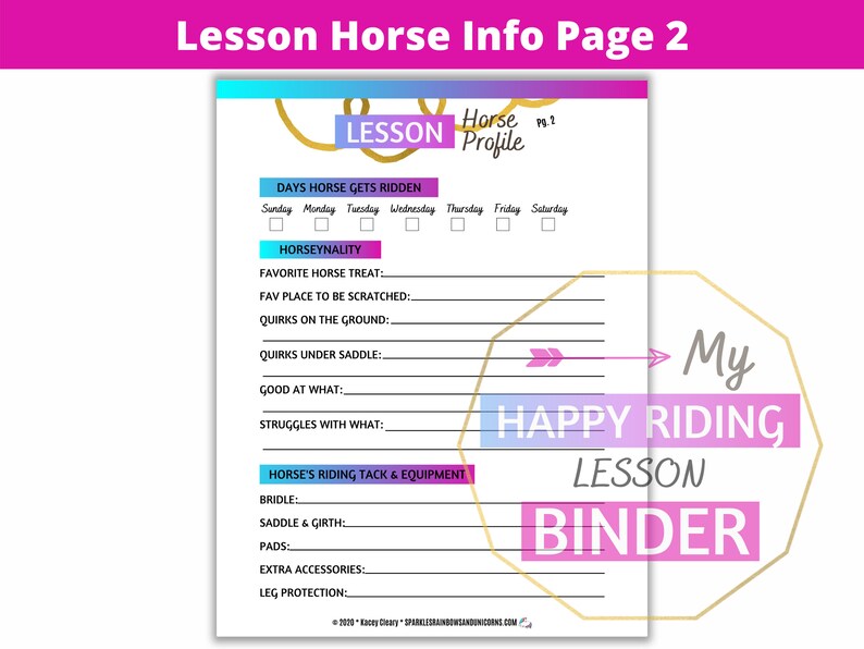 6 Printable Riding Lesson Info Pages Horseback Riding Lesson Journal ...