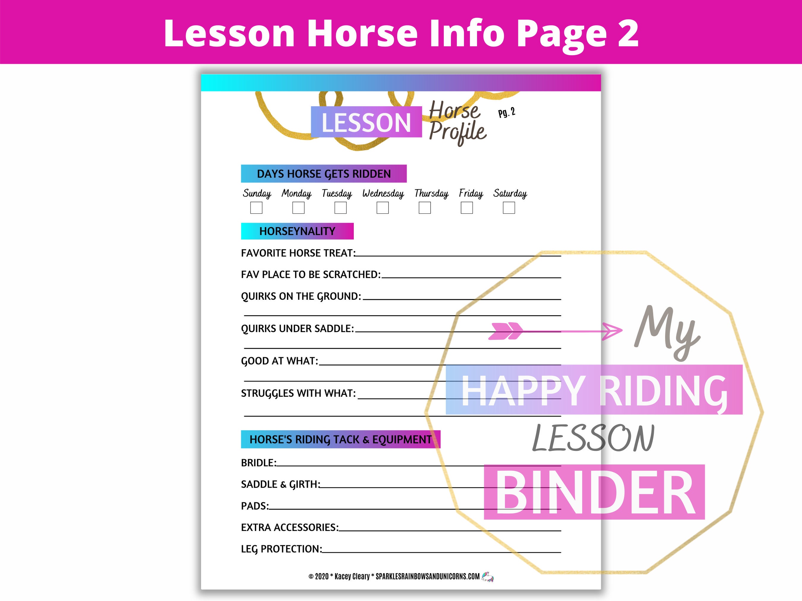 6 Printable Riding Lesson Info Pages Horseback Riding Lesson Journal ...