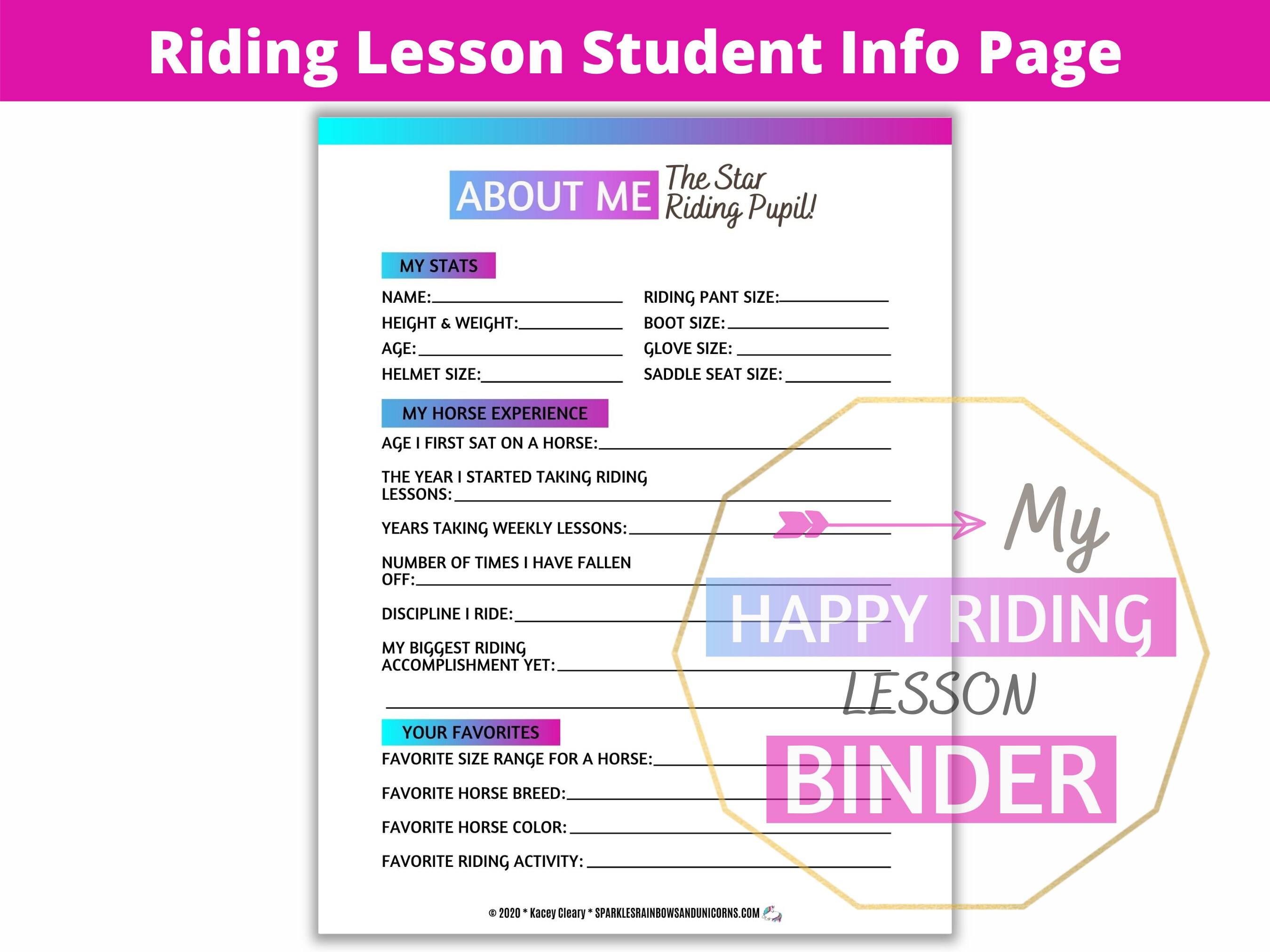 6 Printable Riding Lesson Info Pages | Horseback Riding Lesson Journal ...