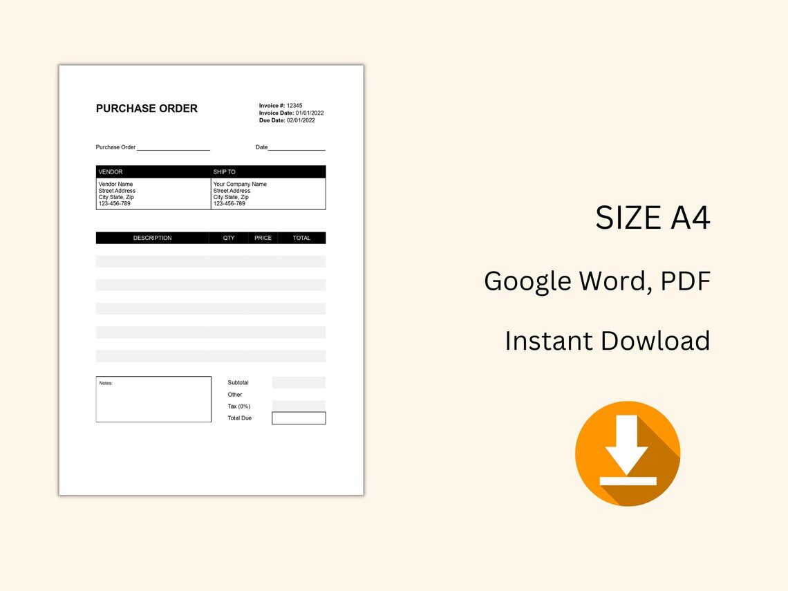 Purchase Order Template PDF Google Docs Microsoft Word | Purchase Order Form | Order Template - Etsy