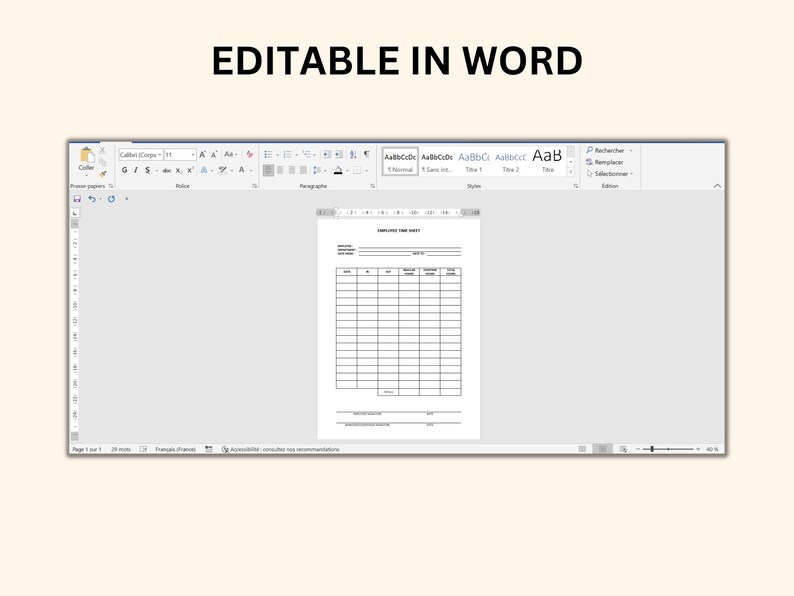 Printable Employee Time Sheet | Work Sheet | Employee Schedule Word PDF ...