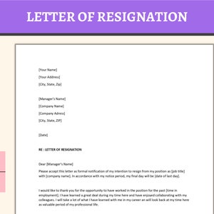 Printable Letter of Resignation Google Doc PDF Template - Etsy