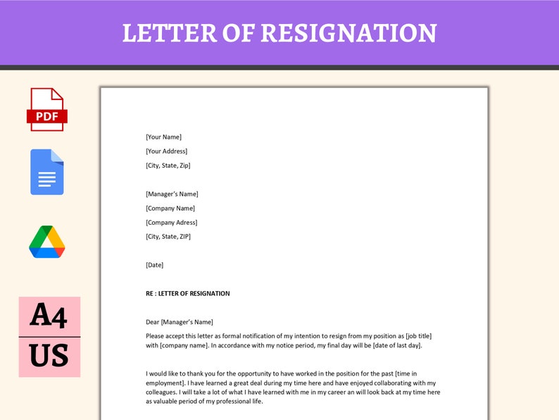 Printable Letter of Resignation Google Doc PDF Template - Etsy