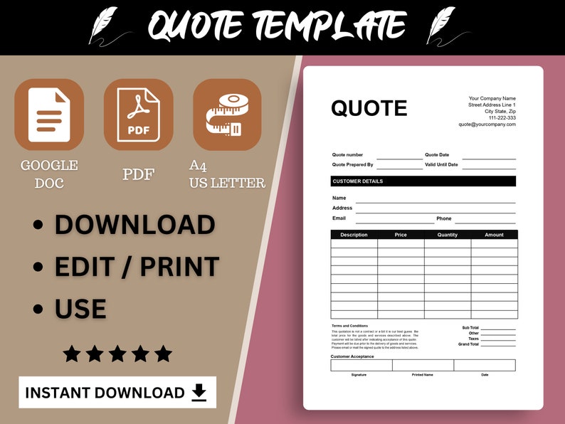 Fully Editable Quote Template PDF Google Docs Microsoft - Etsy