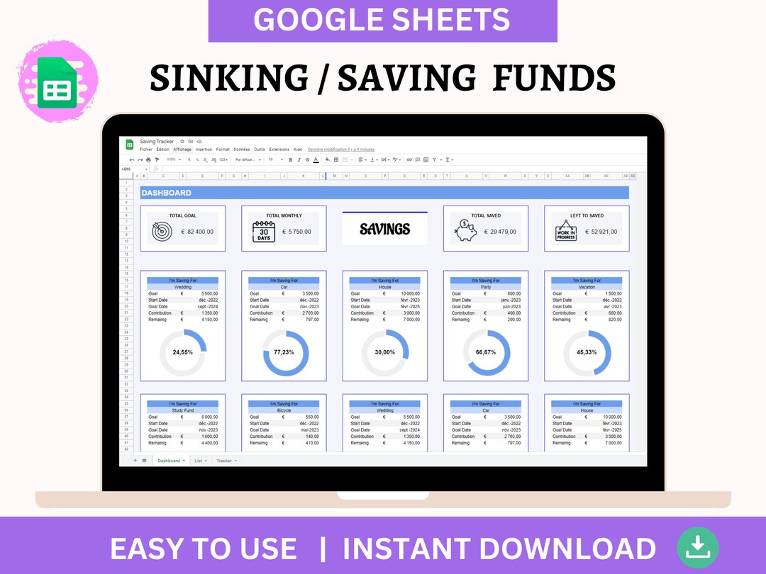 Sinking Funds Tracker Spreadsheet for Google Sheets, Savings Tracker ...