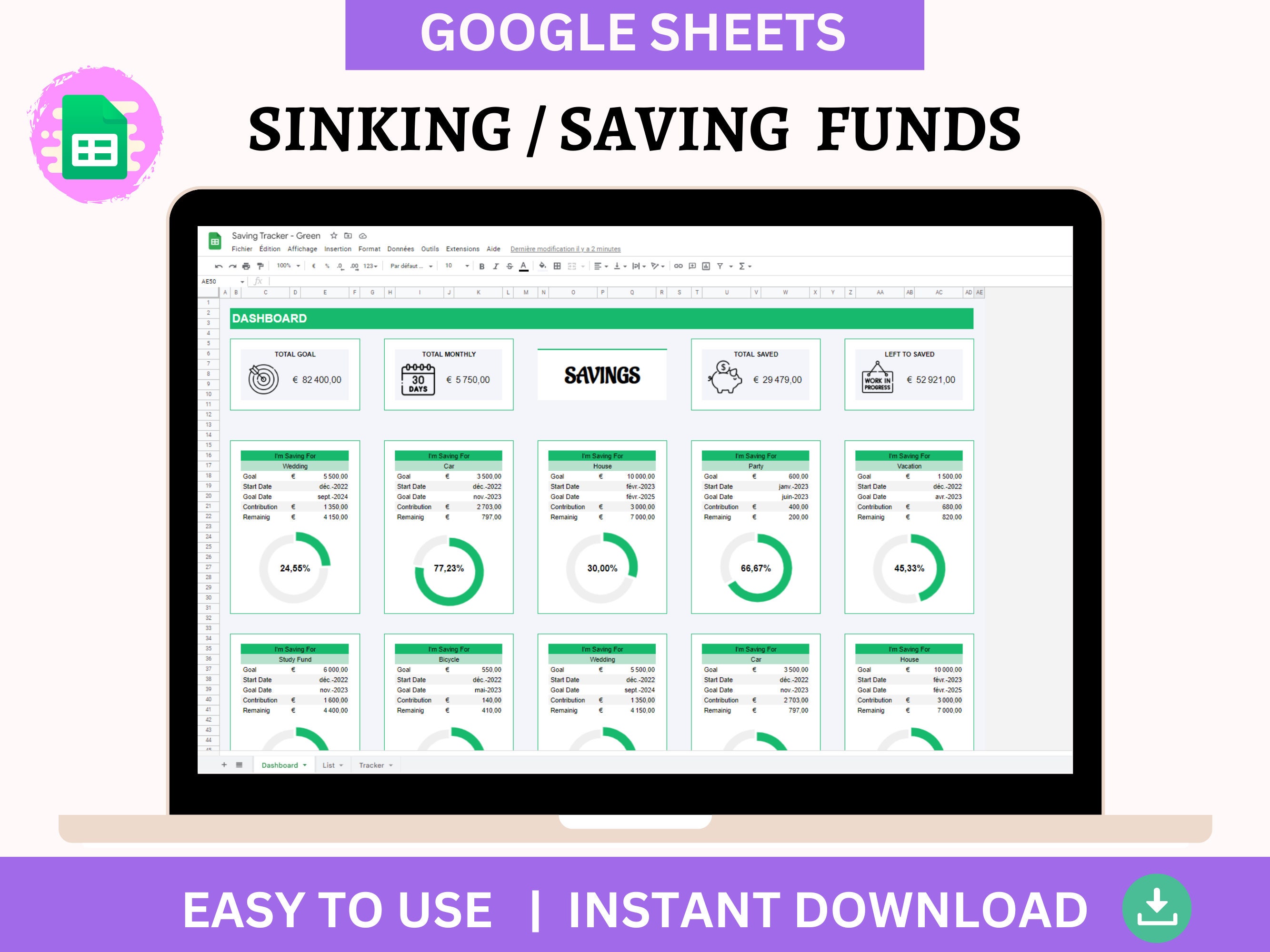 Sinking Funds Tracker Spreadsheet for Google Sheets, Savings Tracker ...