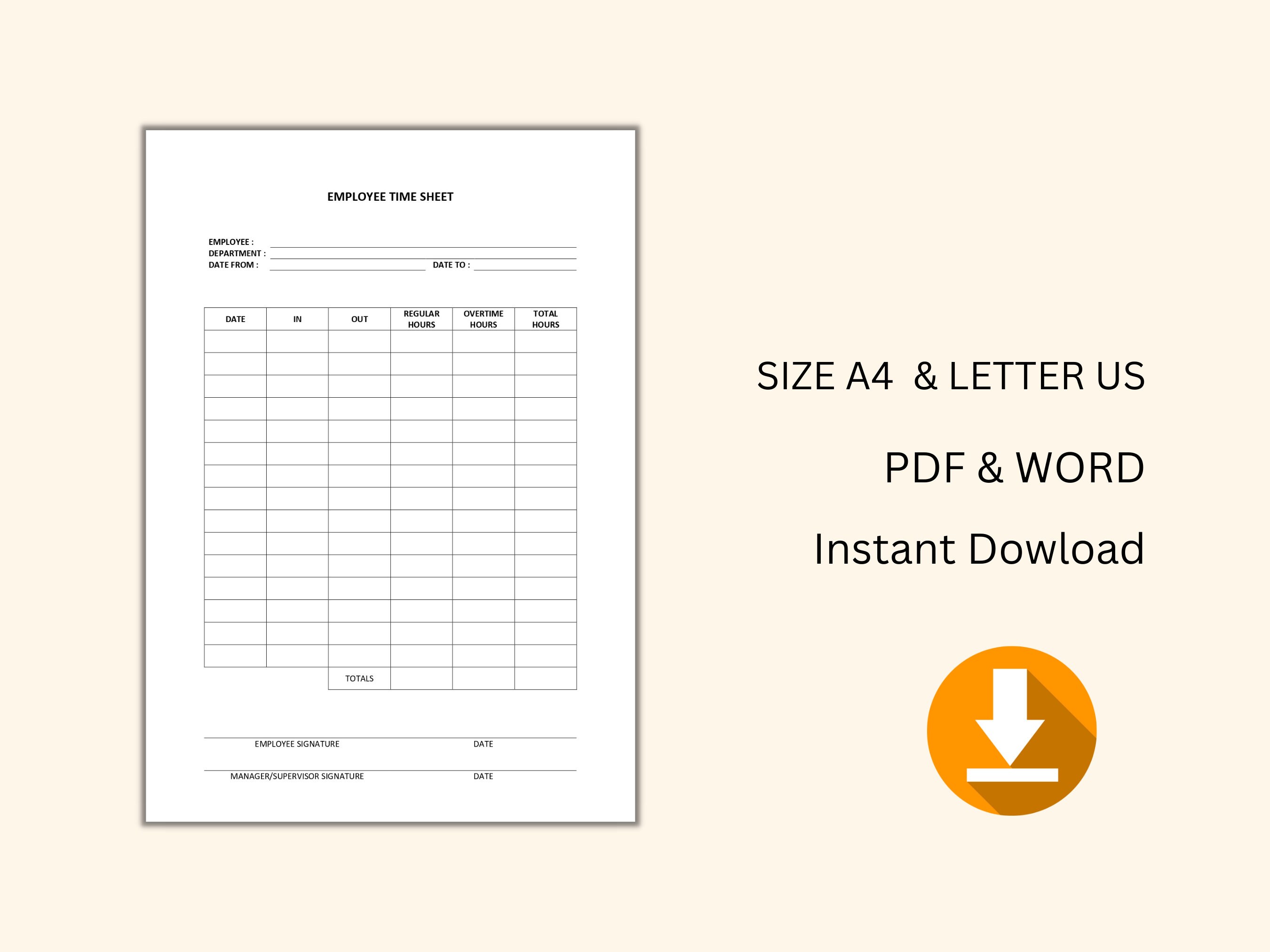 Printable Employee Time Sheet | Work Sheet | Employee Schedule Word PDF ...