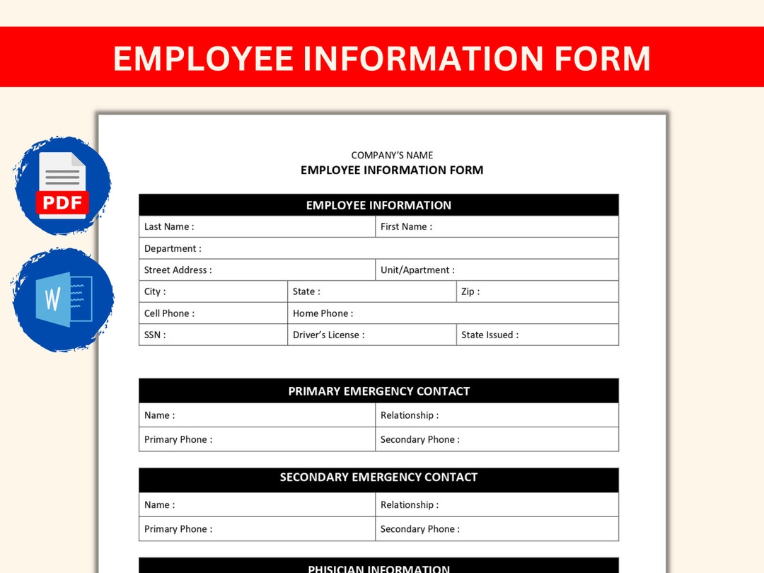 Printable Employee Emergency Form New Employee Form. New Hire Template ...