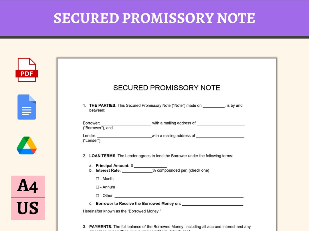 Secured Promissory Note Etsy Listing Google Doc PDF Template - Etsy