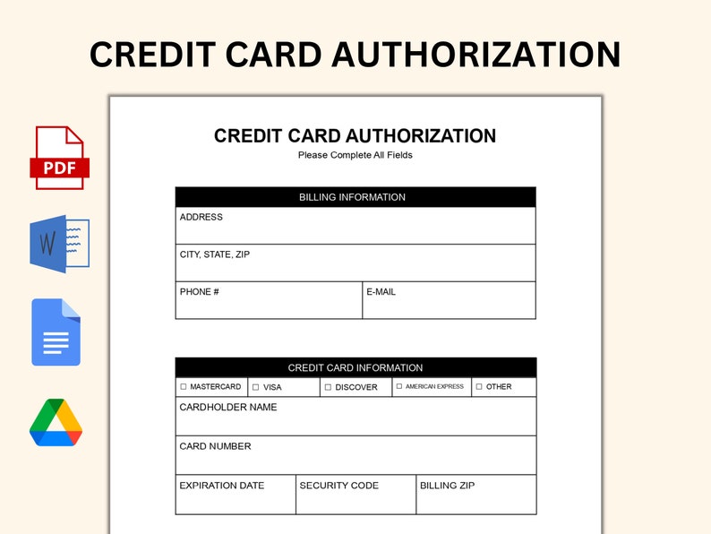 Credit Card Authorization Template PDF Word Google Doc - Etsy