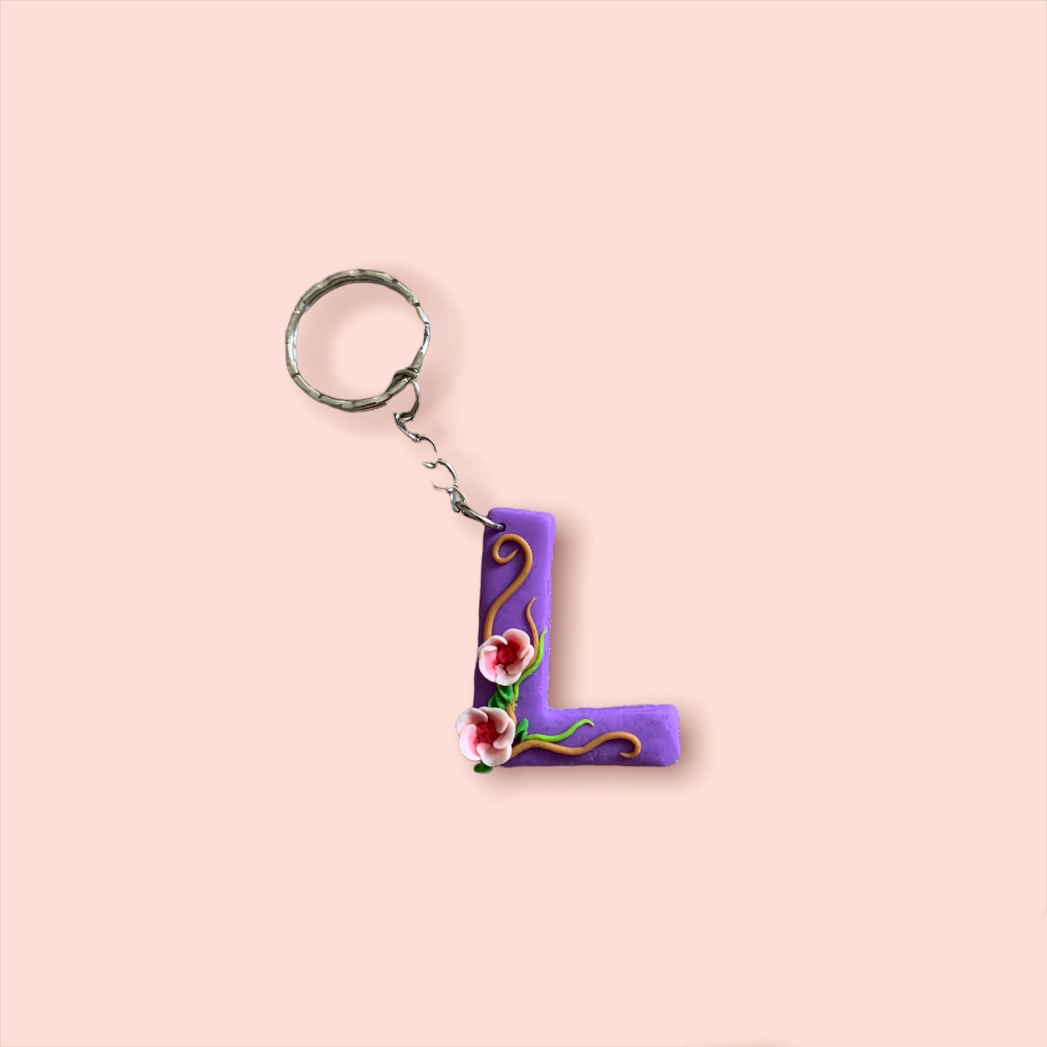 Floral Initial L Keychain Key Ring Personalised Clay Keychain Polymer ...