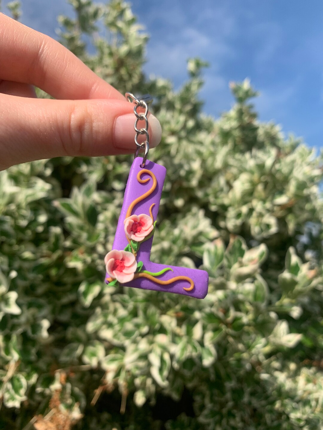 Floral Initial L Keychain Key Ring Personalised Clay Keychain Polymer ...