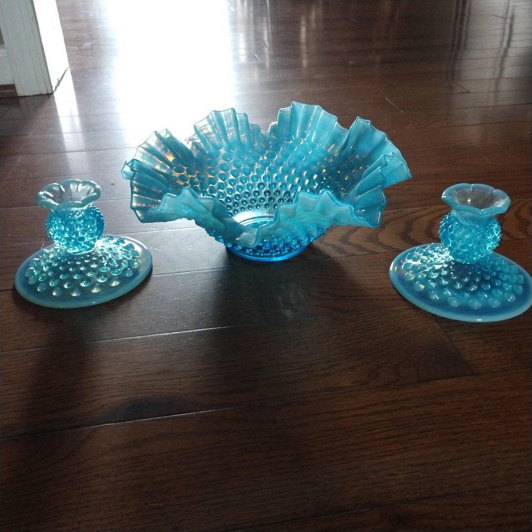 Fenton Blue Opalescent Hobnail Bowl and 2 Candle Holders EUC - Etsy