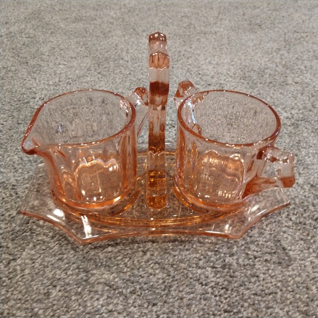 Cambridge Pink Depression Glass Sugar and Creamer on Caddy. - Etsy