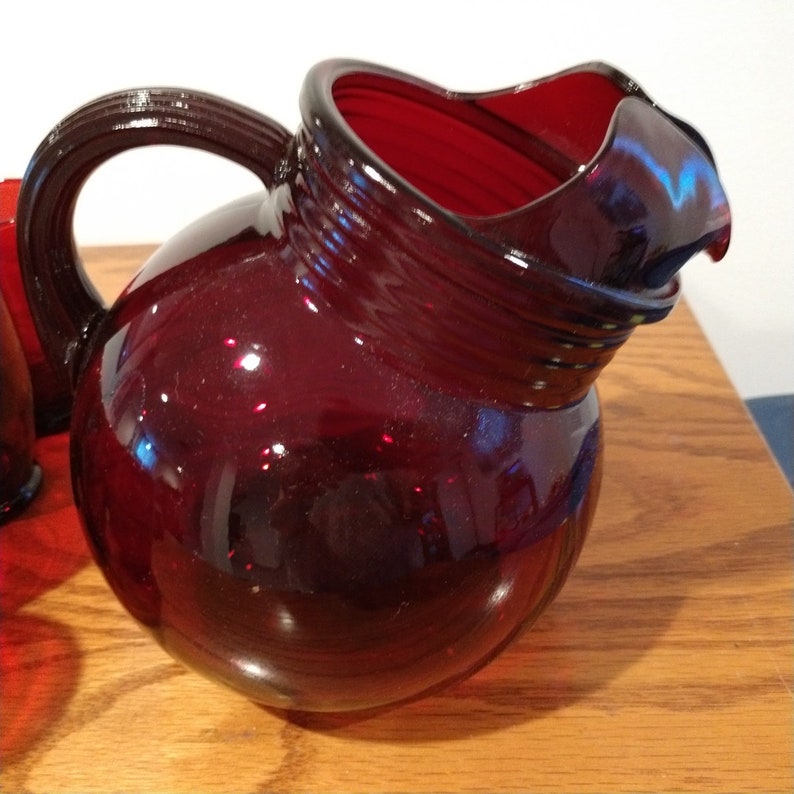 Vintage Anchor Hocking Tilted Ruby Glass Ball Pitcher and 8 Juice ...
